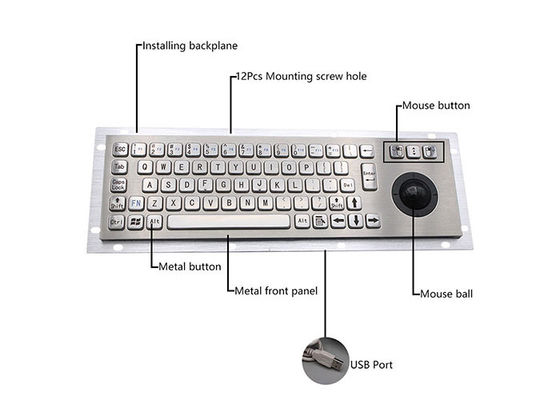 40counts/Mm IP65 SS304 Industrial Metal Keyboard With Trackball